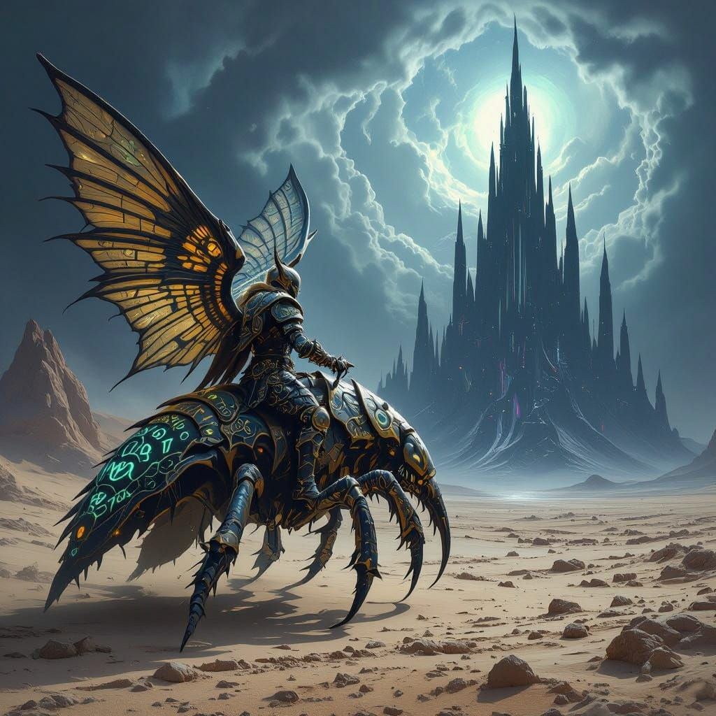 Warrior Rides Insectoid Beast Across Crystal Deser... - AI Art