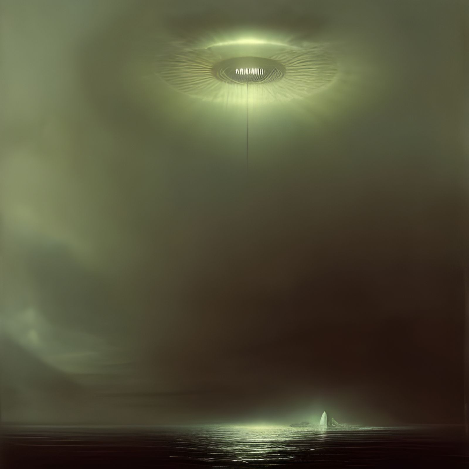 cylindrical alien spacecraft flying over lake horror Gustave Doré Greg ...