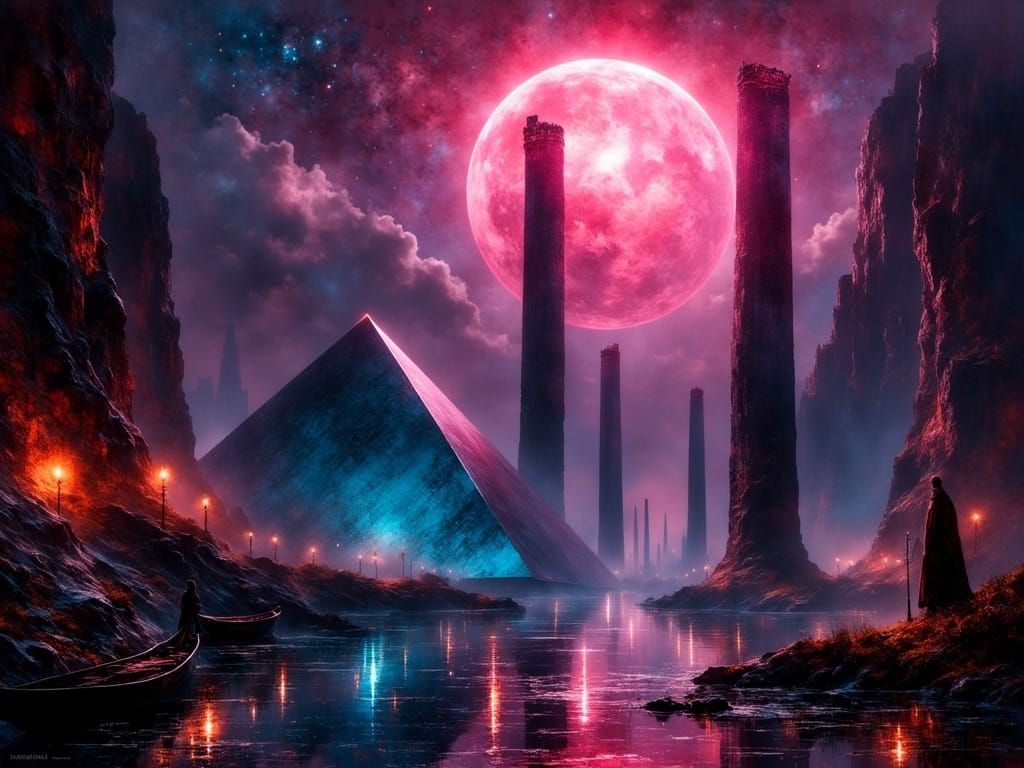pyramid - Glowing Pillars Under Cyberpunk Pyramid