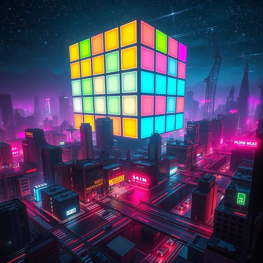 A futuristic neon city at night, built entirely from glowing Rubik’s ...