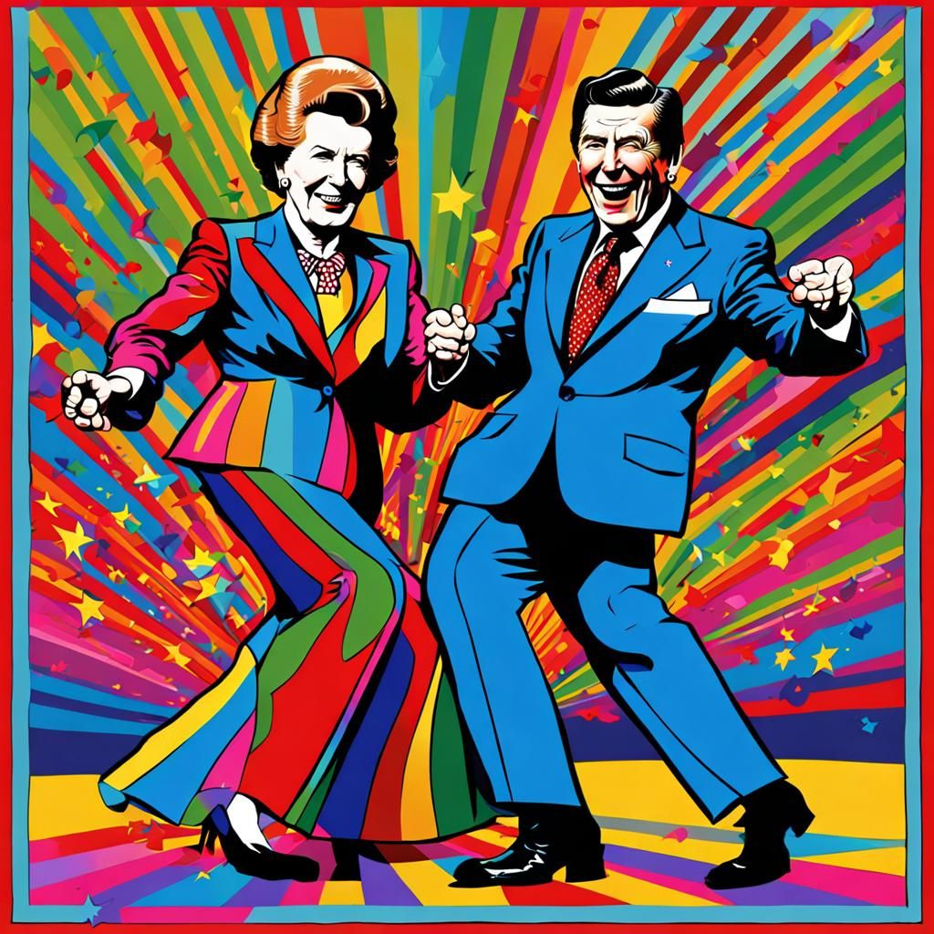Reagan and Thatcher colorfull cartoons dancing disco music - AI ...