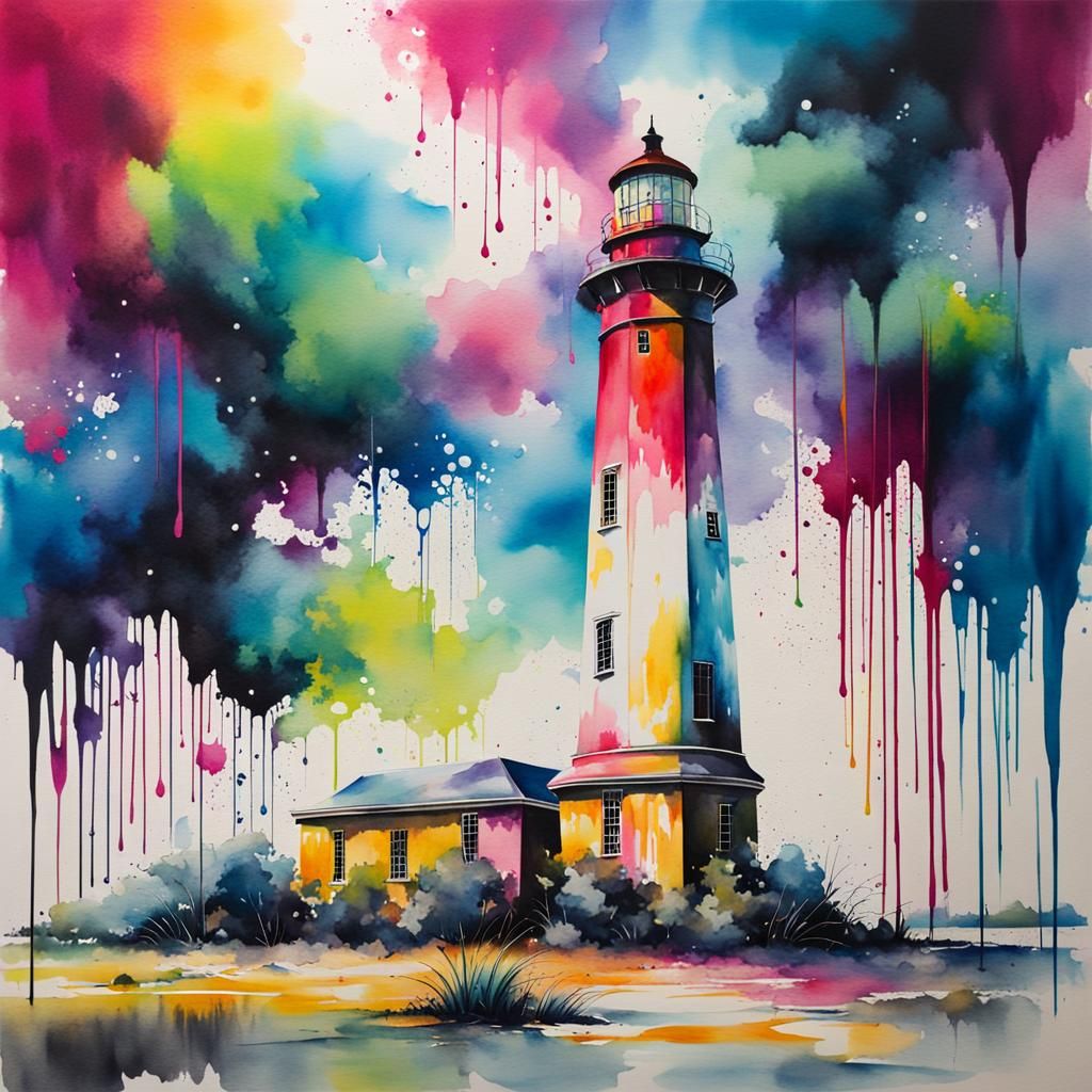 Vibrant Watercolor painting of the old Cape Henlopen lighthouse in ...