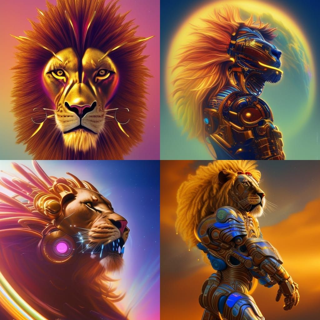 Cyborg Lion, beautiful, colorful, cosmic, futuristic, detailed, golden ...