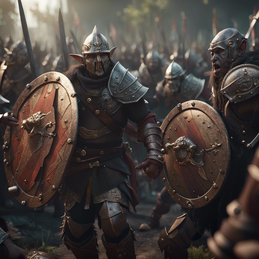 large medieval battle with orcs and elves wielding shields and swords ...