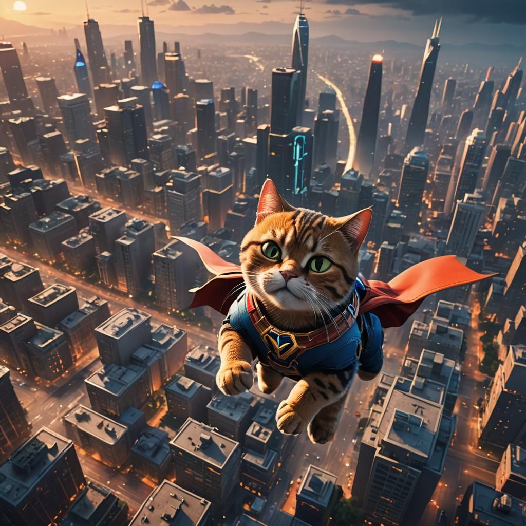 super cat flying over a city at dusk - AI Generated Artwork - NightCafe ...