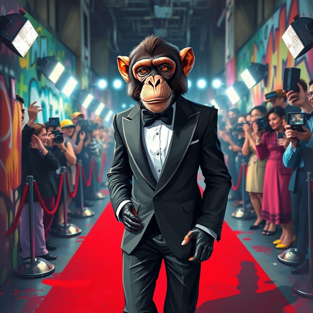 Dapper Monkey Struts Down Red Carpet in Vibrant Gr... - AI Art