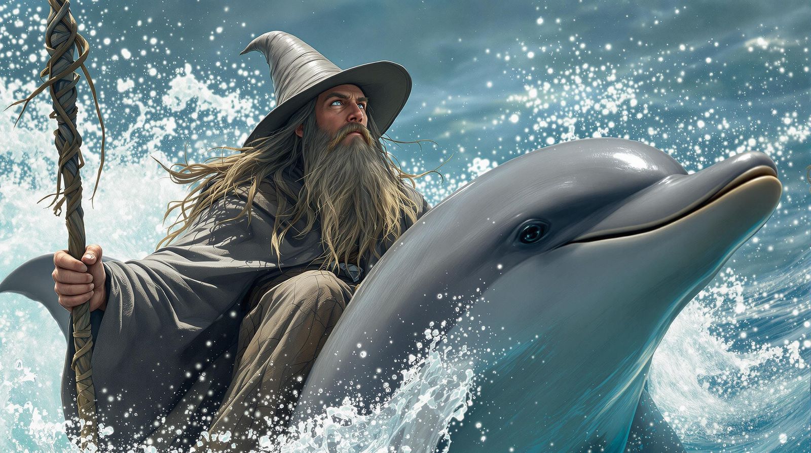 Gandolphin - Gandalf Riding a Majestic Dolphin in Oceanic Re...