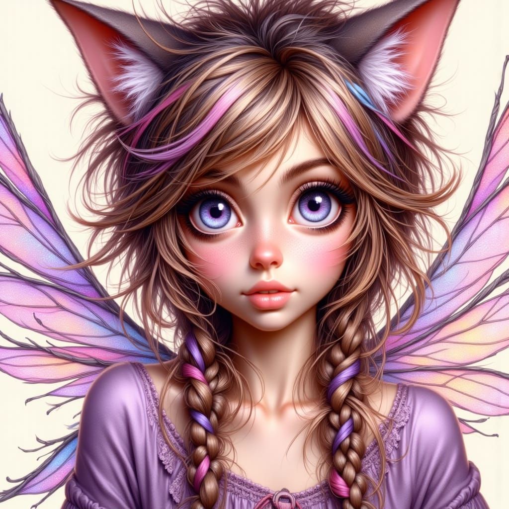 Inanna! - Pixie with Cat Ears and Wings in Lavender Clothes