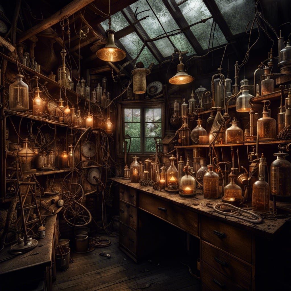 Victorian laboratory featuring flasks and test tubes inside abandoned ...