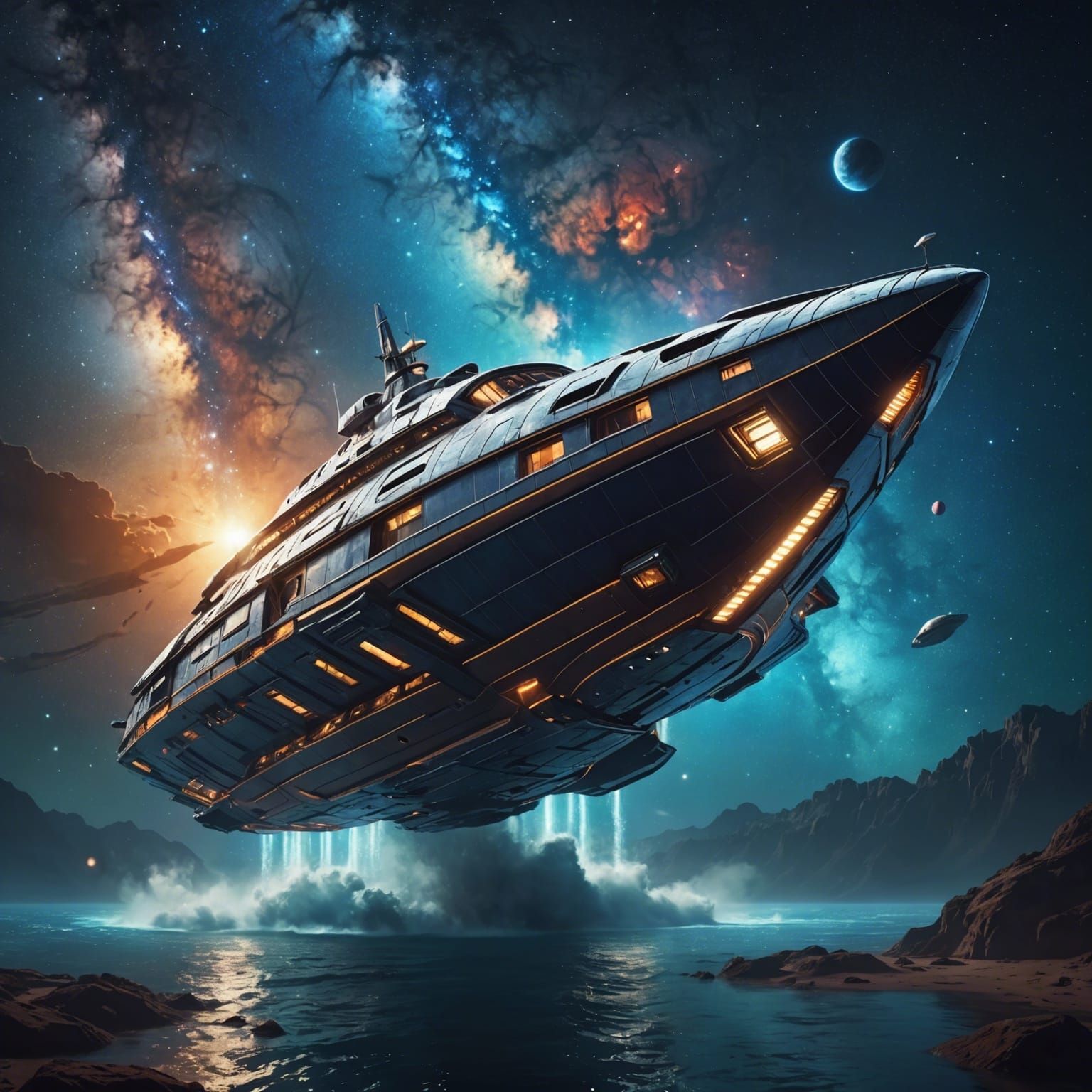 spaceship in the form of a boat in the milky way, psychédélic ...