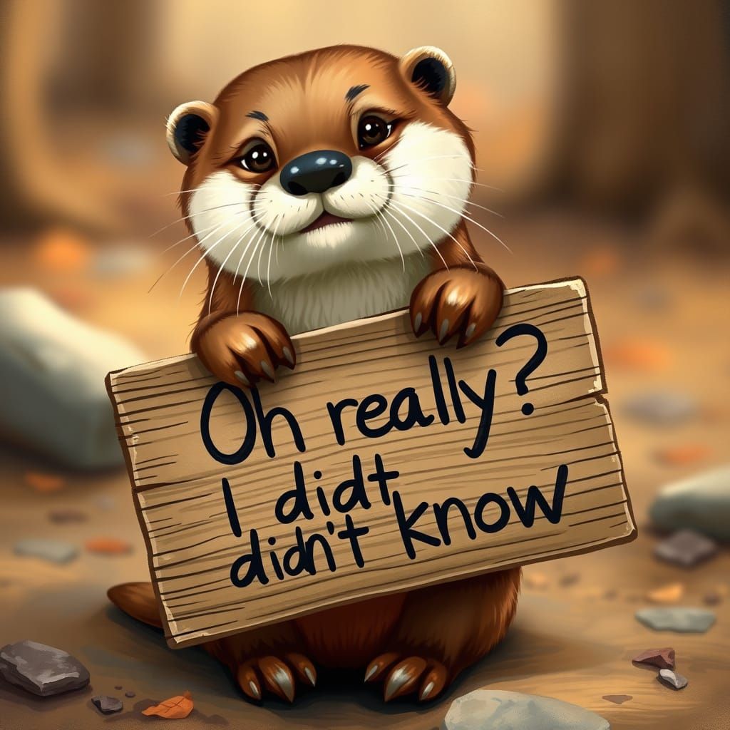 Otter Confidently Holds Sign with Witty Remark - AI Art