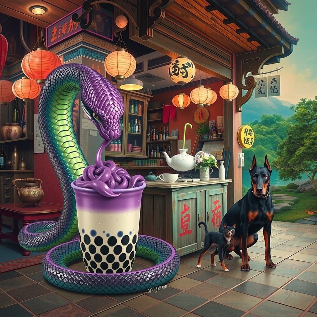 Realistic Fantasy Boba Shop Matte Painting with Sp... - AI Art