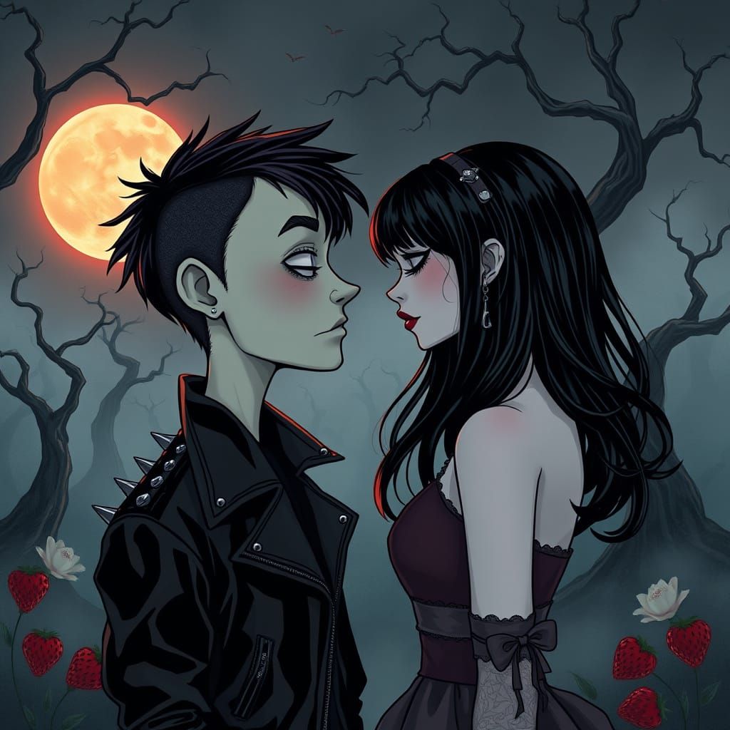 Gothic Emo Lemon Longingly Gazes at Strawberry Wom... - AI Art