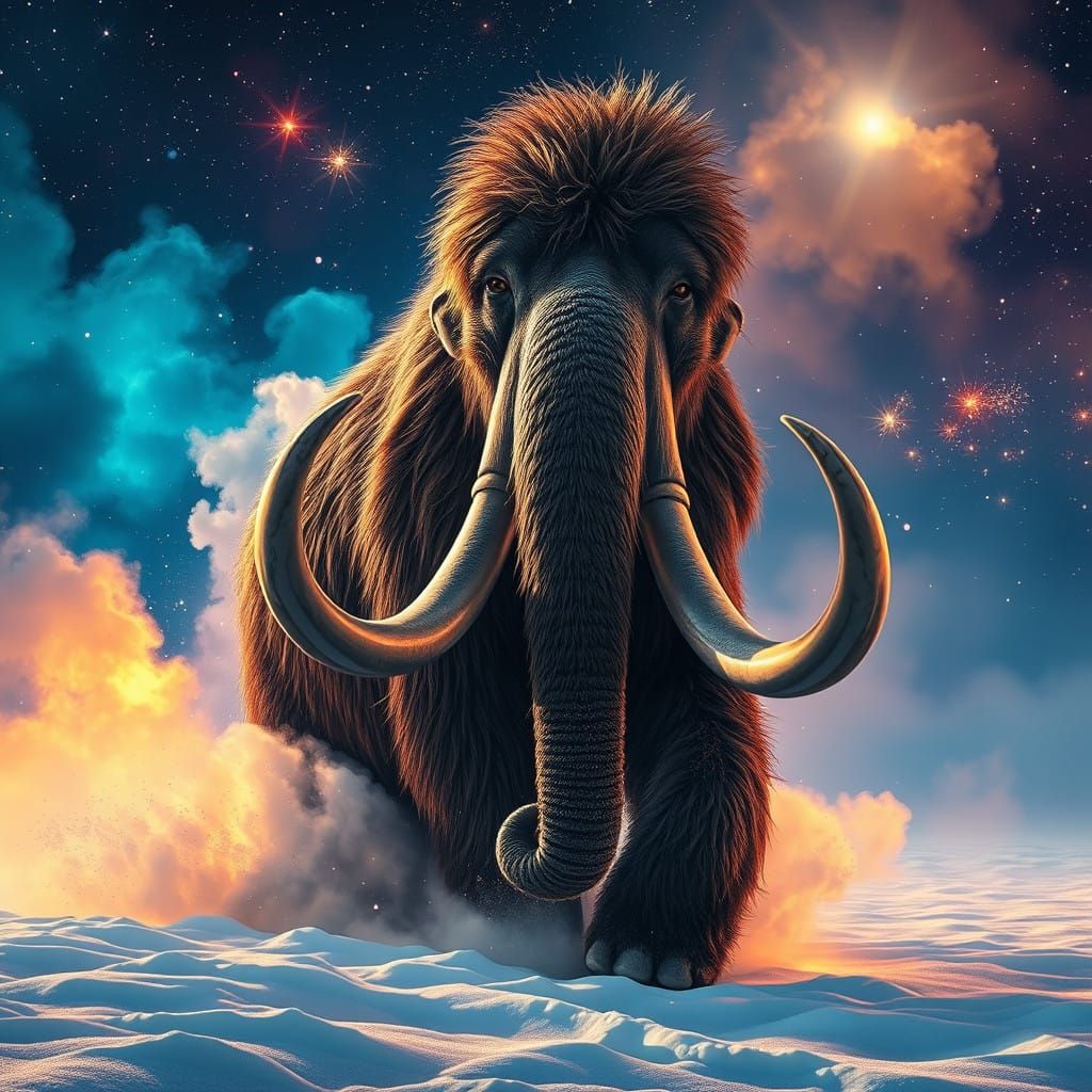 Mamut - Vibrant Hairy Mammoth Portrait in Dynamic Snowscape