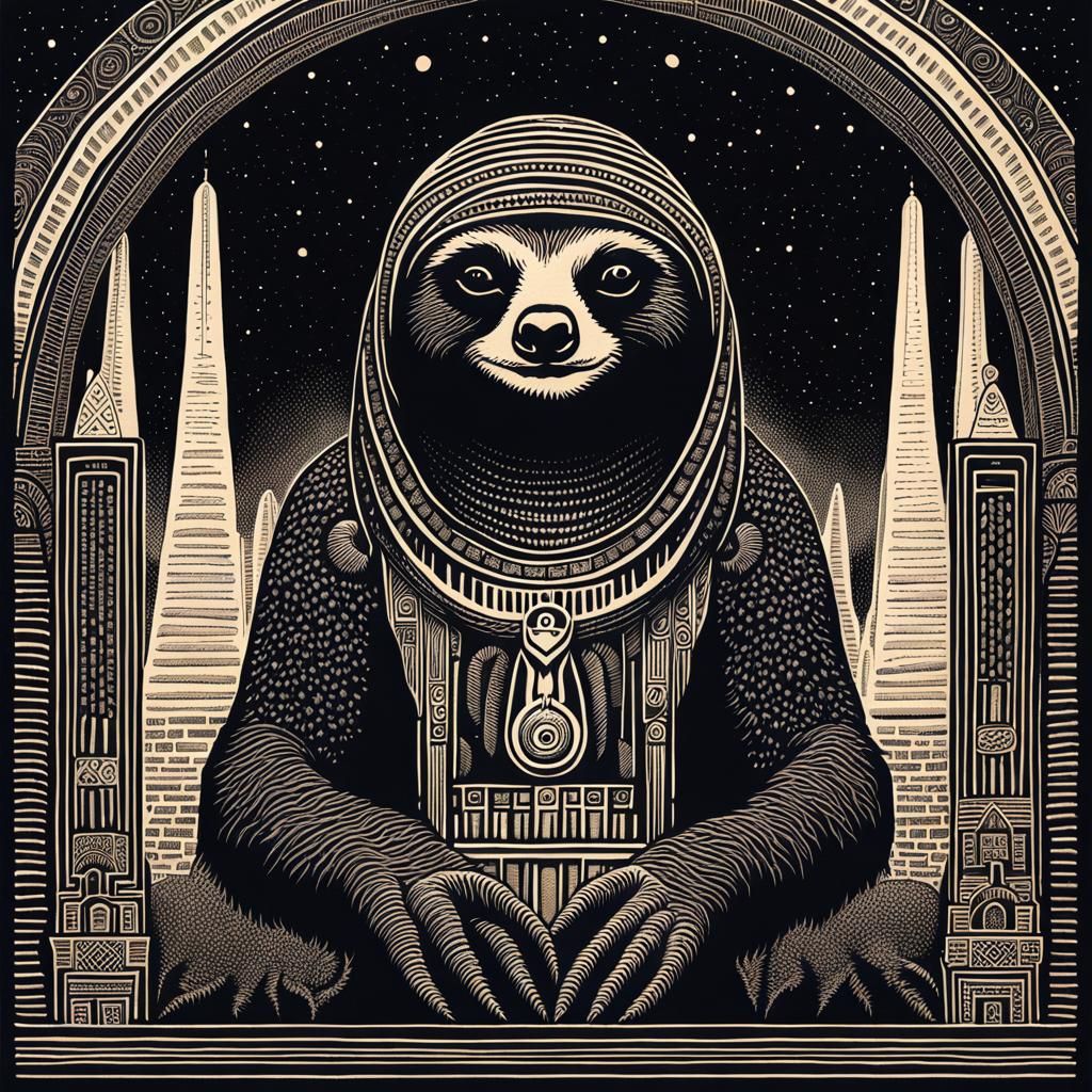 eerie alien SLOTH, Egyptian temple, ELDRITCH horror, linocut ...