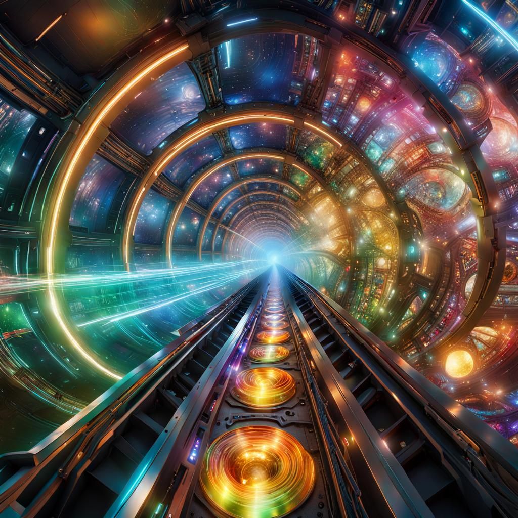 Swirling lights racing down the Large Hadron Collider - AI Generated Artwork - NightCafe Creator