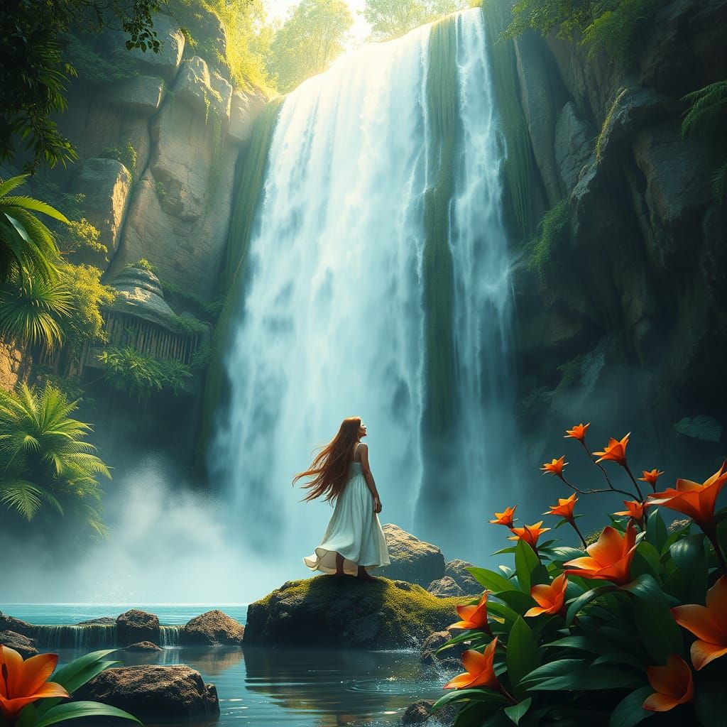 girl standing under waterfall - Girl Underwater in a Lush Tr...