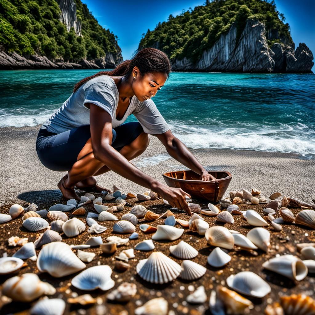 young woman picking up seashells - AI Generated Artwork - NightCafe Creator