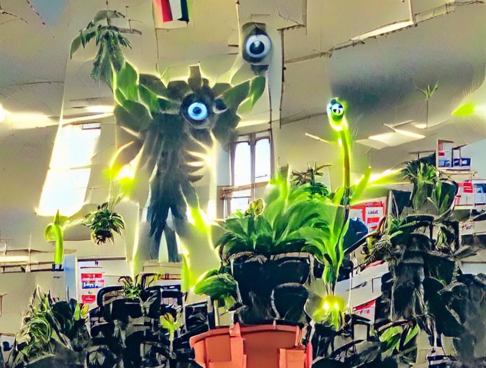 Giant looming monster with arms raised. His glowing, piercing eyes ...