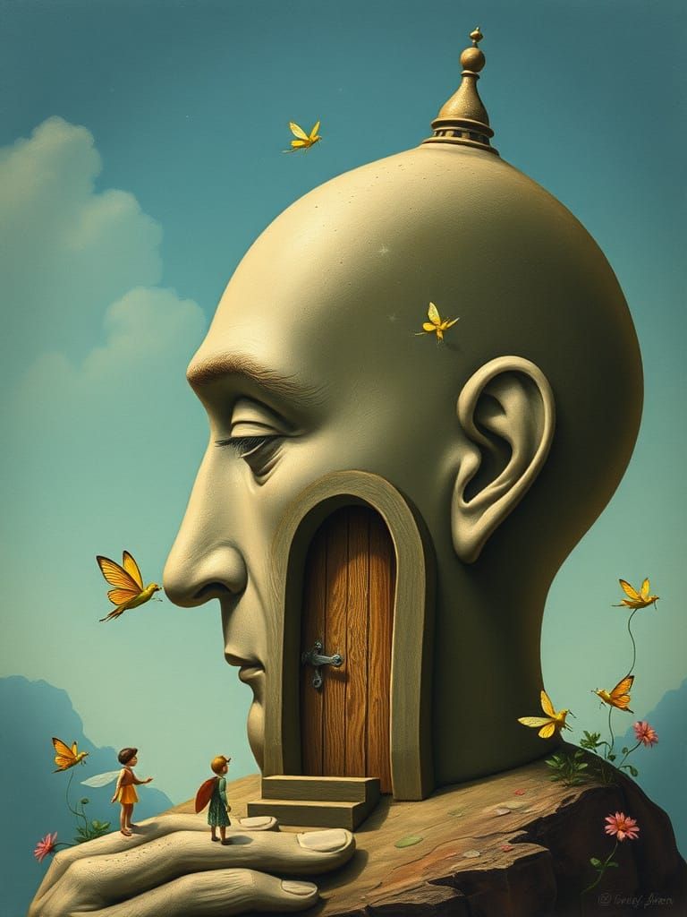 Surreal Head with Fairies, Dreamlike Quality - AI Art