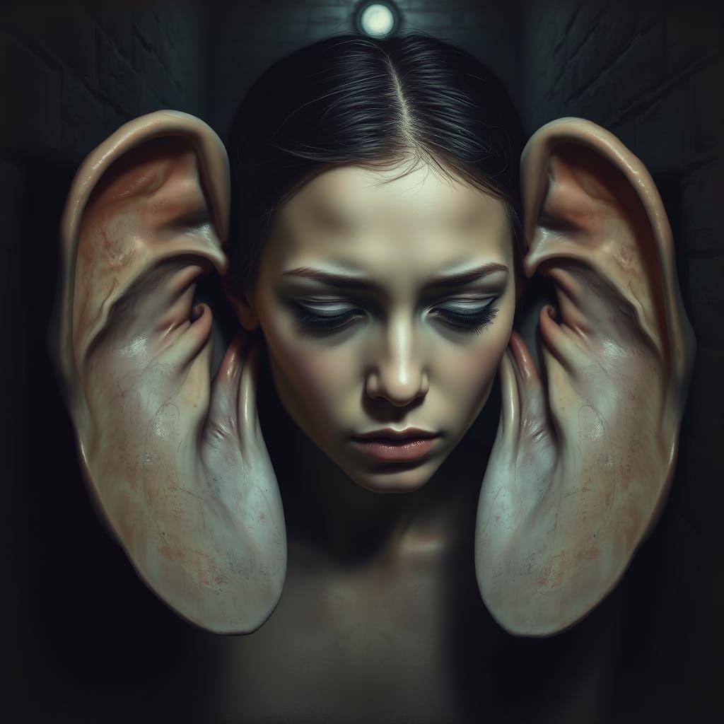 Young Woman's Face in a Somber, Claustrophobic Cel... - AI Art