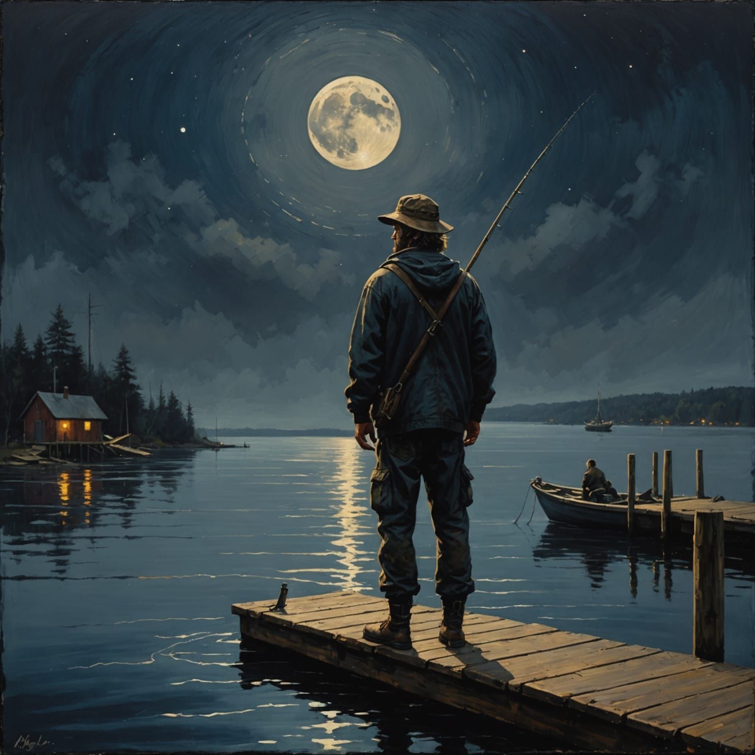 Night time at the pier edge - Fisherman in Moonlit Dark Wa...