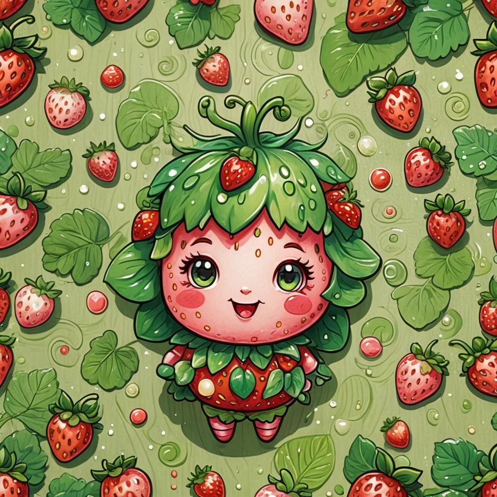 Strawberry Pixie delightfully surrounded by a bounty of strawberries - AI Generated Artwork ...