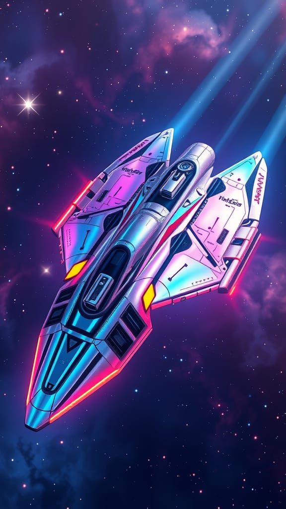 Time-Warped Iridescent Starfighter in Neon Pattern... - AI Art