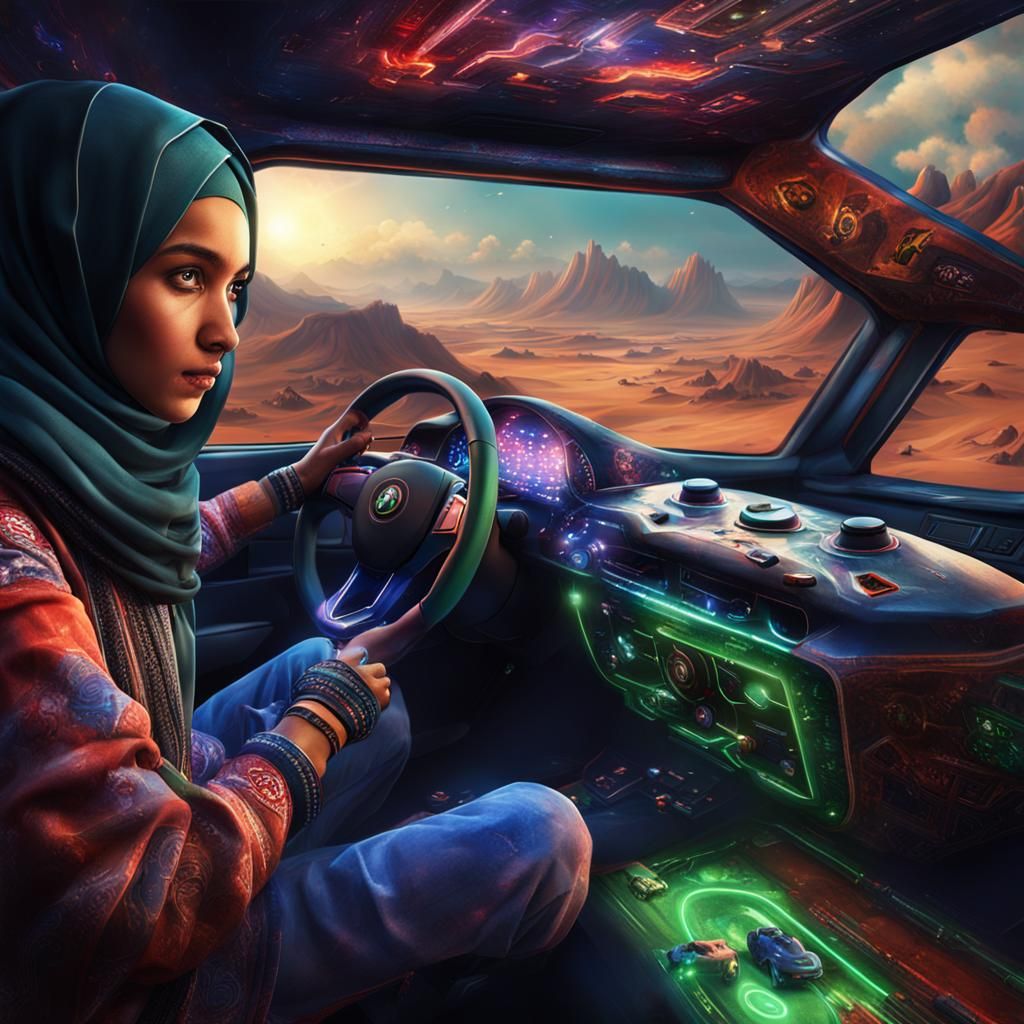 Muslim girl playing car racing video game on xbox - AI Generated ...