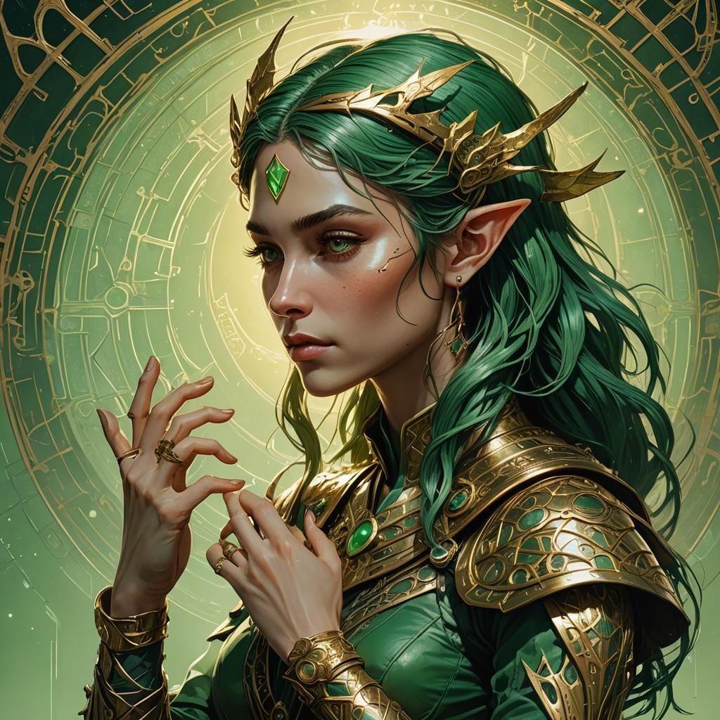 photorealistic aetherpunk portrait of beautiful elf looking at her ...
