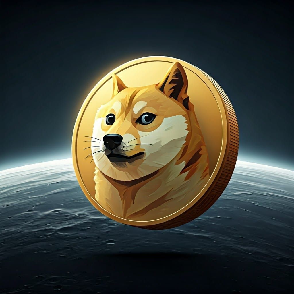 dogecoin - Majestic Dogecoin Illuminated Moon Poster in Hyp...