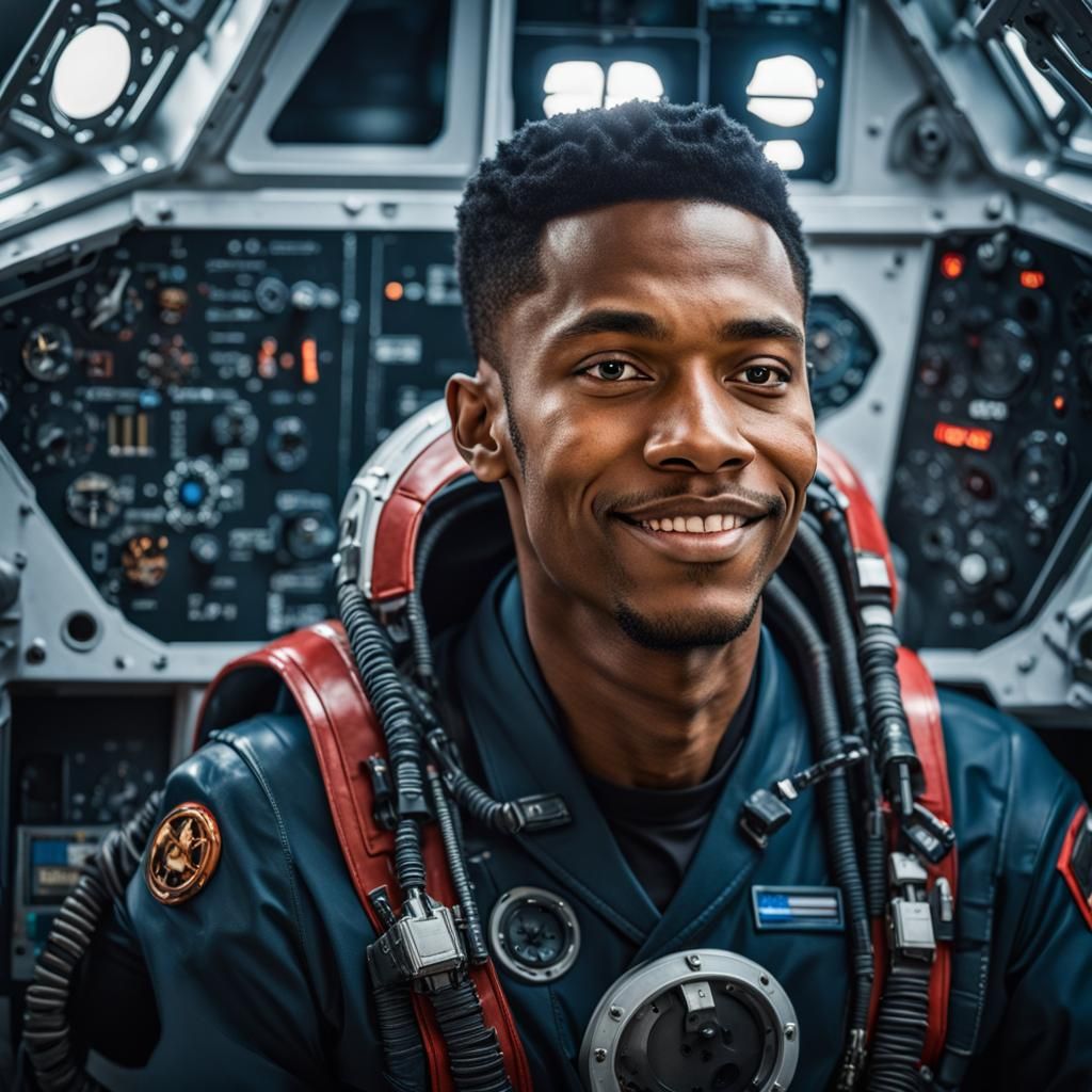 Young twenty year old male with a sarcastic smile dressed in red sci-fi ...