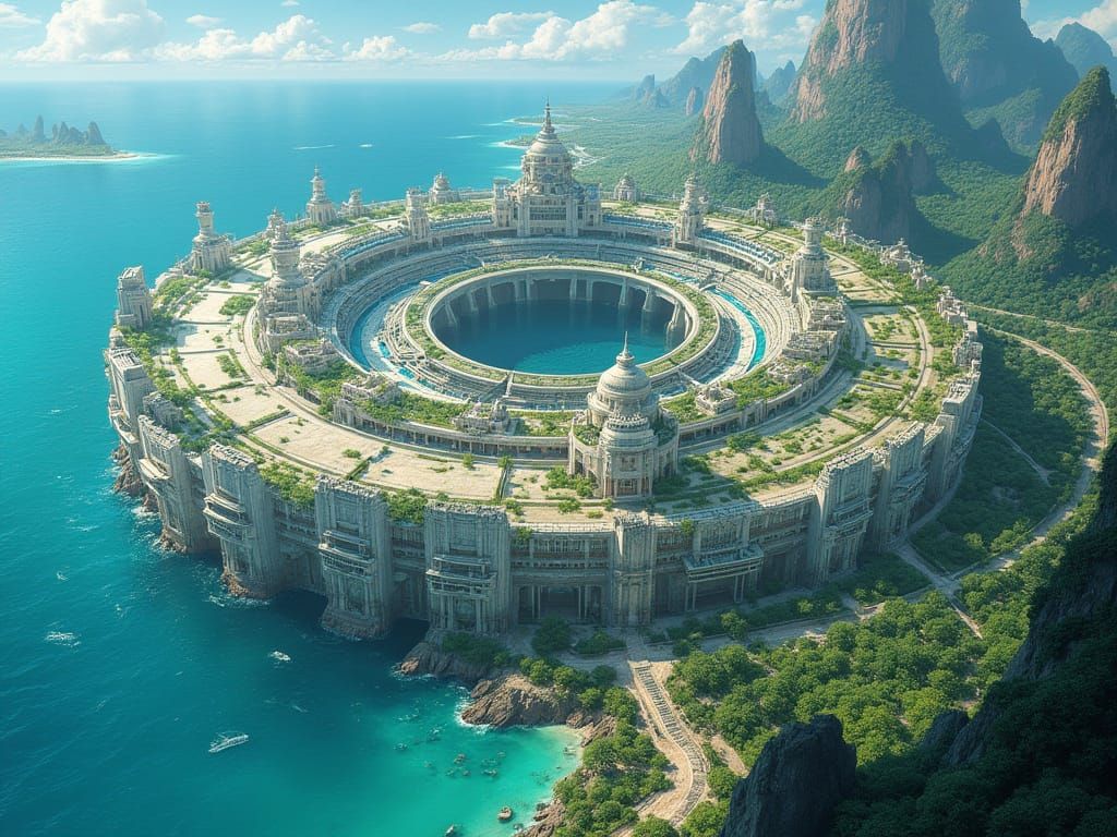 The continent of Atlantis capital ring shaped city as seen from the air ...