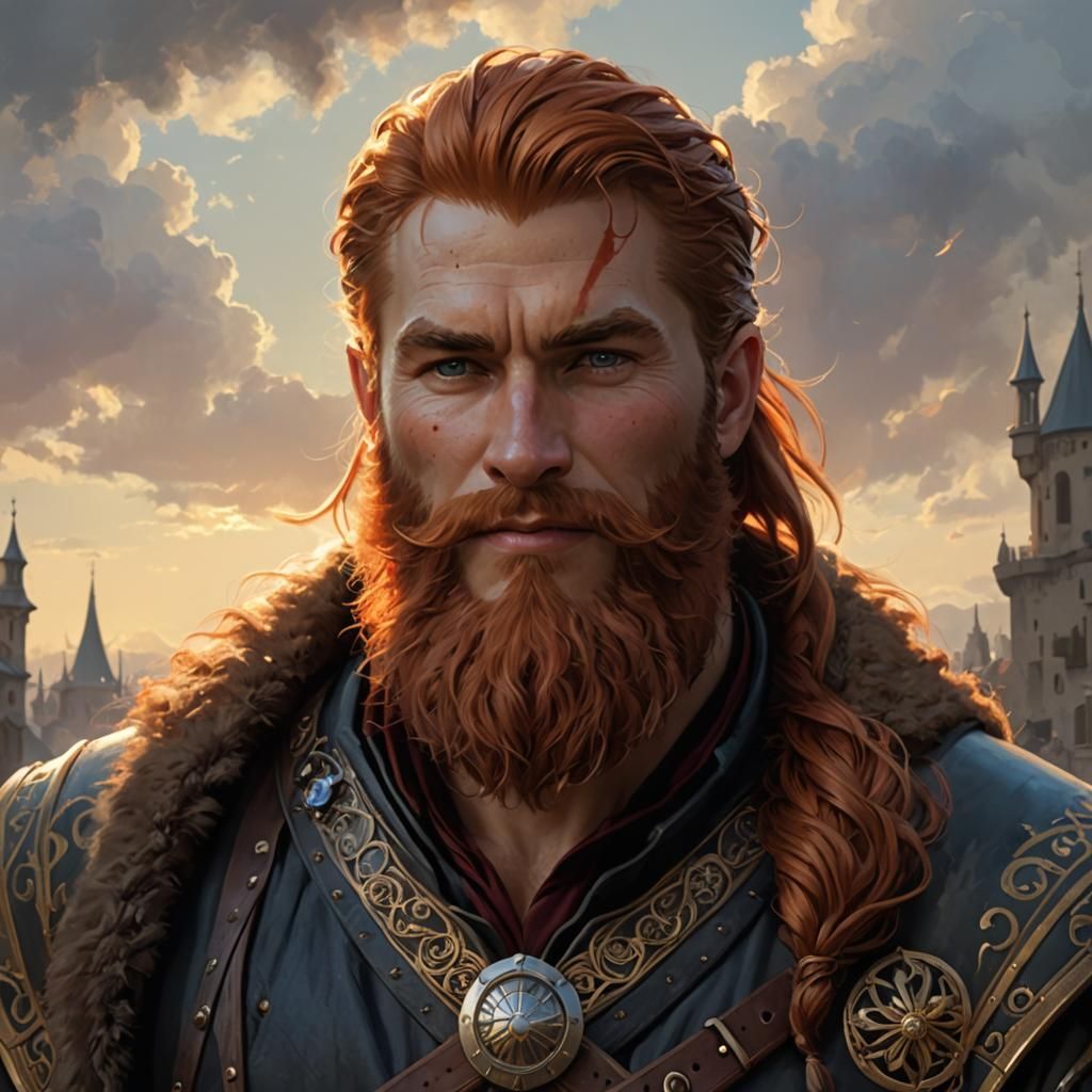 High Fantasy sci-fi epic noble rogue merchant, bushy red beard, cocky ...