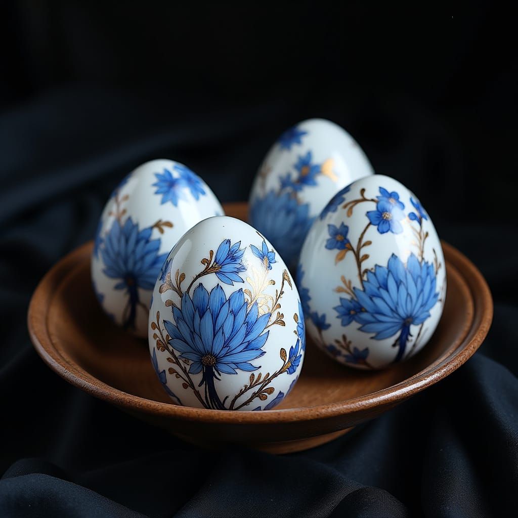 Elegant Chinese Porcelain Easter Eggs in Qinghua S... - AI Art