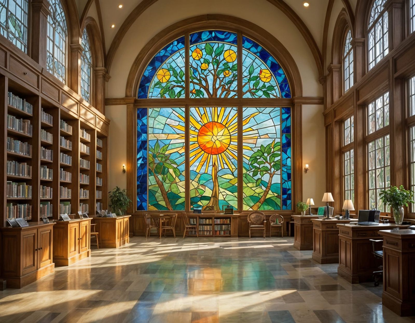 stained glass windows in a modern public library