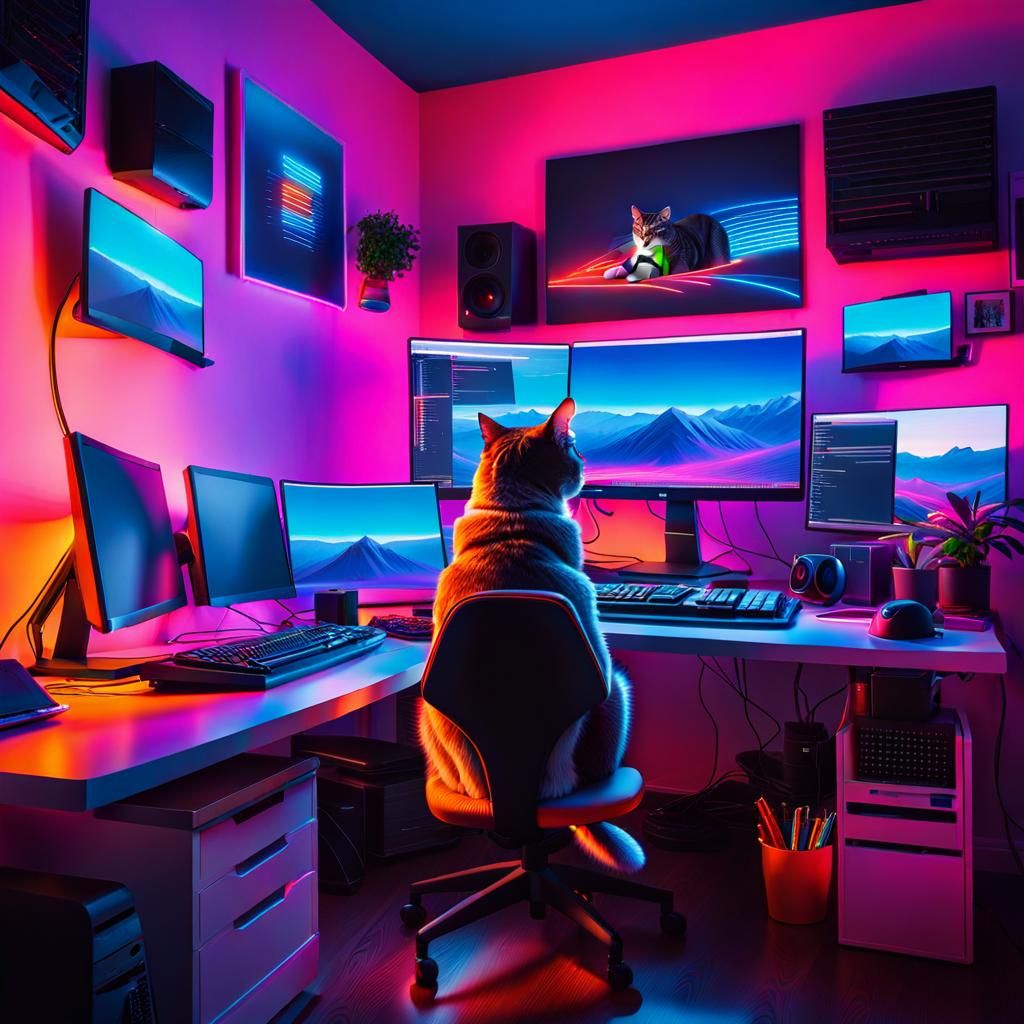 A cat's in front of a sweet computer setup - AI Generated Artwork - NightCafe Creator