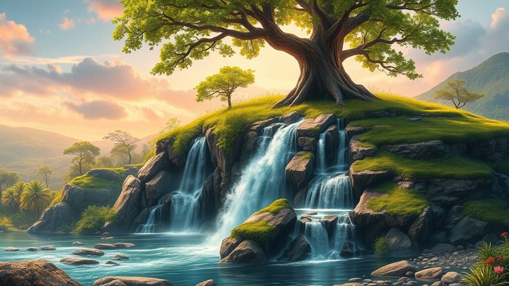 Vibrant Tree Oasis Amidst Spring's Bounty - AI Art