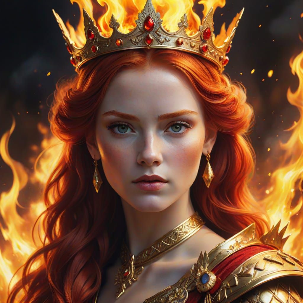 Fiery Red-Haired Queen with Phoenix: Digital Art - AI Art
