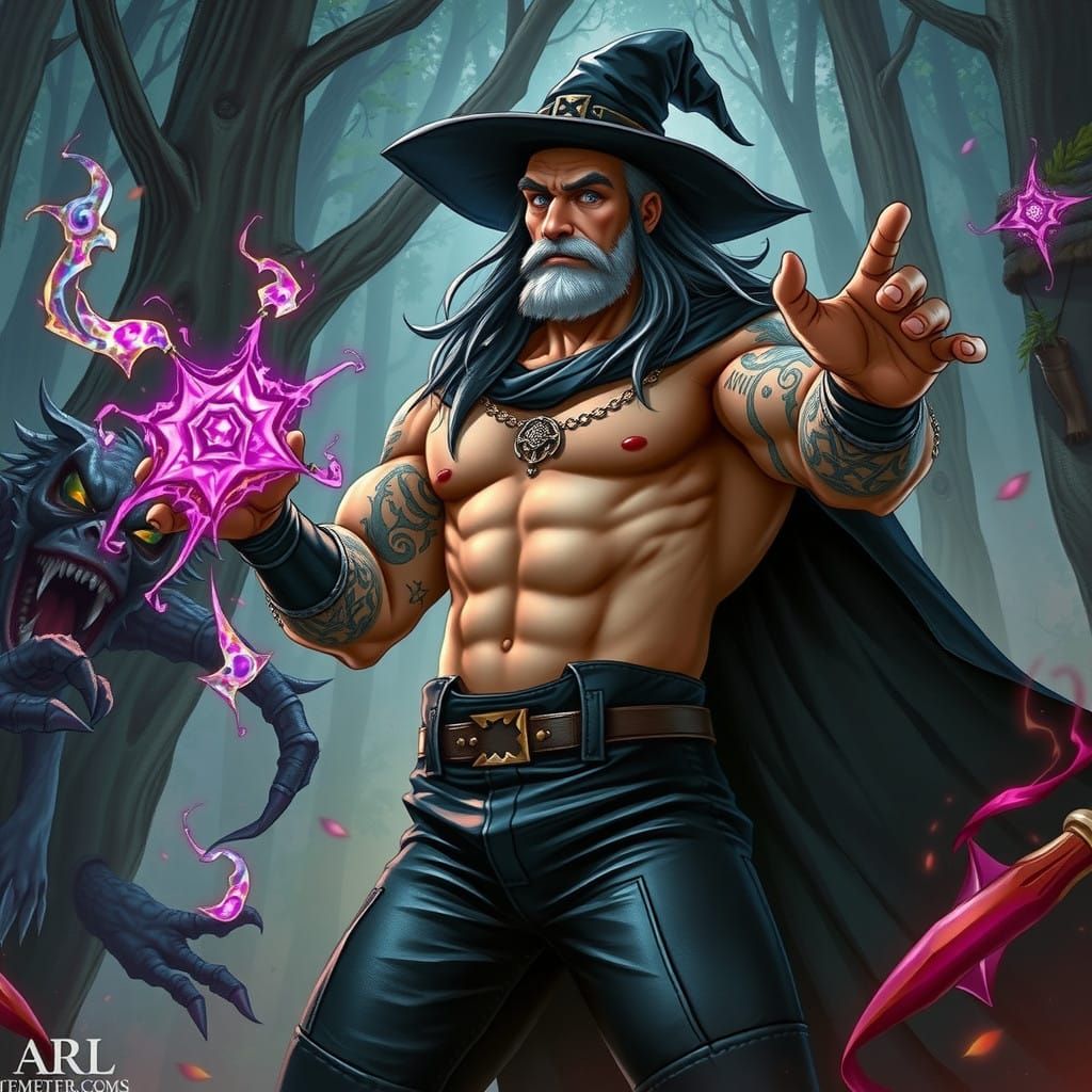 Tall, Muscular Male Witch in Epic Fantasy Battle - AI Art