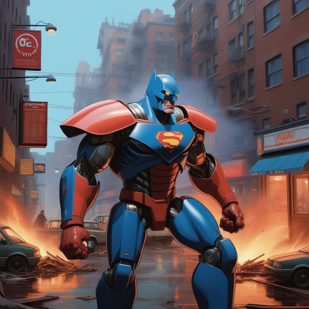 Cyberpunk Metal Mecha Confronts Superman in Epic D... - AI Art