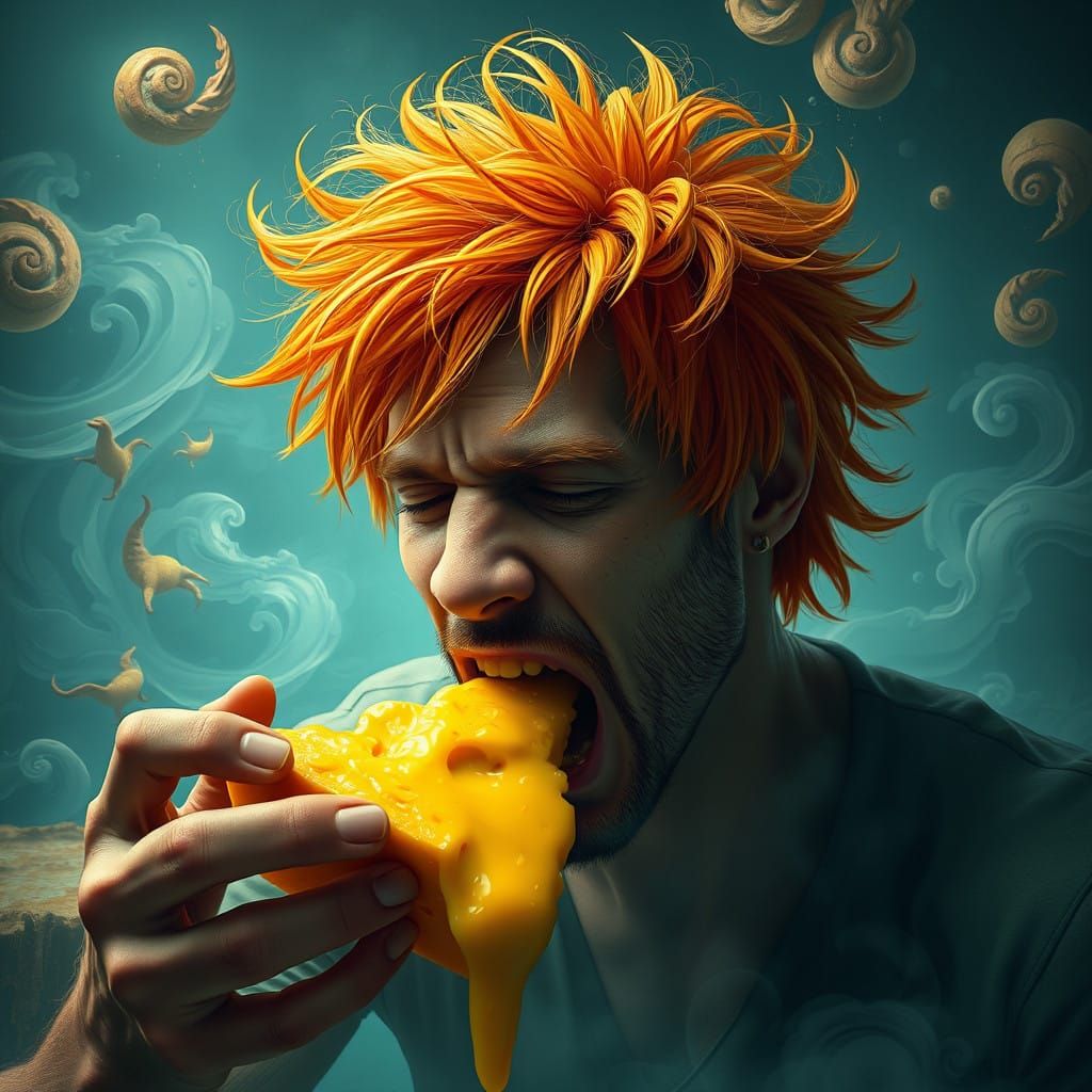 mango man eating drippy cheese - Surreal Fantasy Landscape o...