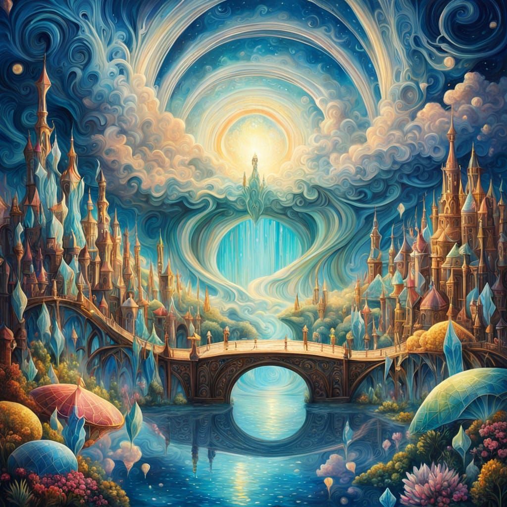 Epic Surreal Bridge to Heaven in Dreamlike, Irides... - AI Art