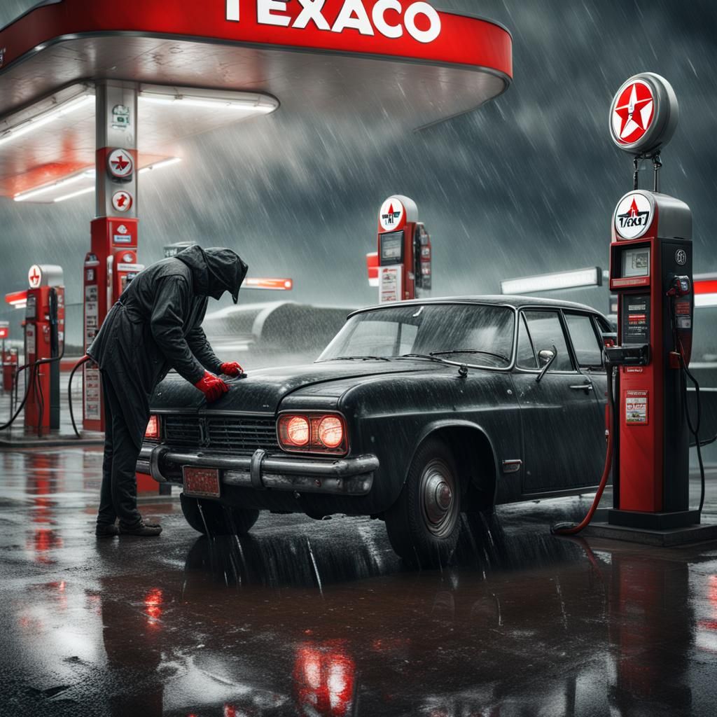 Man wiping oily hands on a Texaco road map at a gas station in the ...