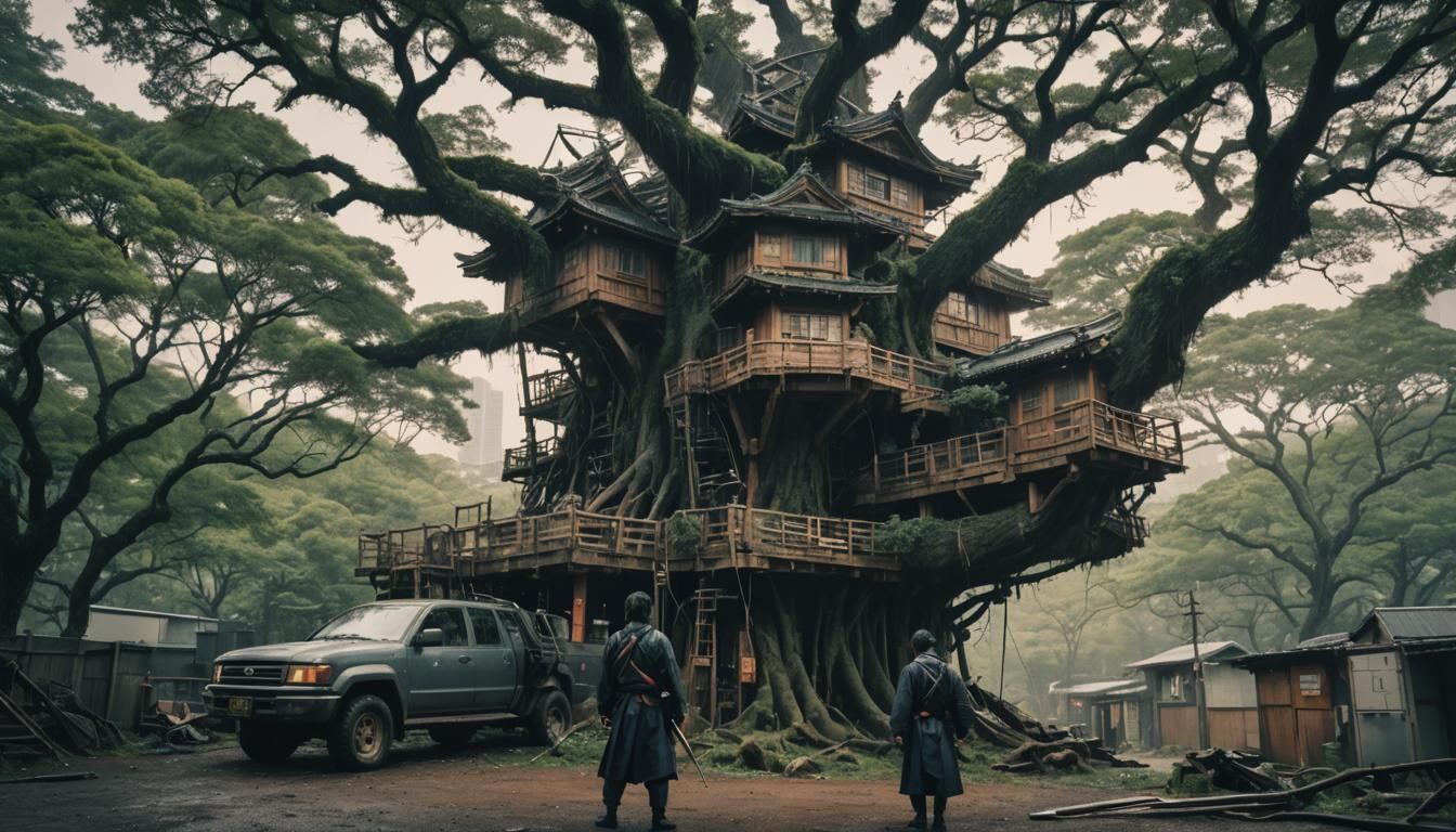 Tree house samurais in post apocalyptic Tokyo Japan - AI Generated ...
