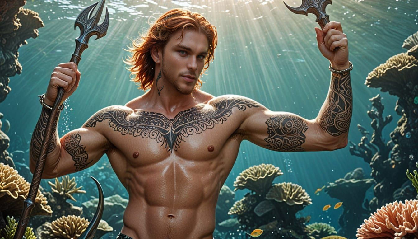 Triton - The Merman - Merman God of the Sea in Vibrant Coral...