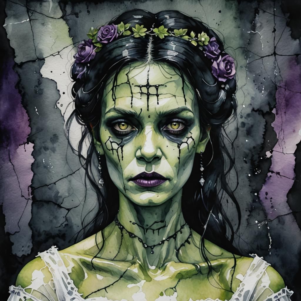 Watercolor Art: pretty Frankenstein's Bride with scars and stiches on ...