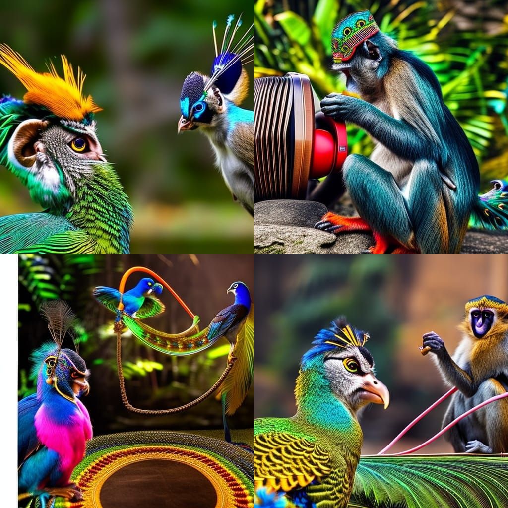 a monkey listening to music on a headphone and a peacock dancing around ...