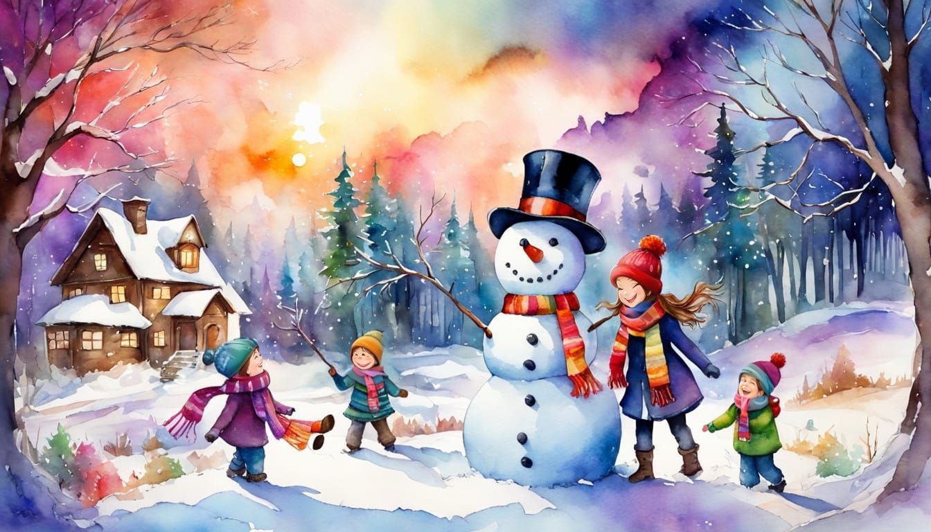 Building a Snowman - Winter Wonderland Snowman Scene in Whim...