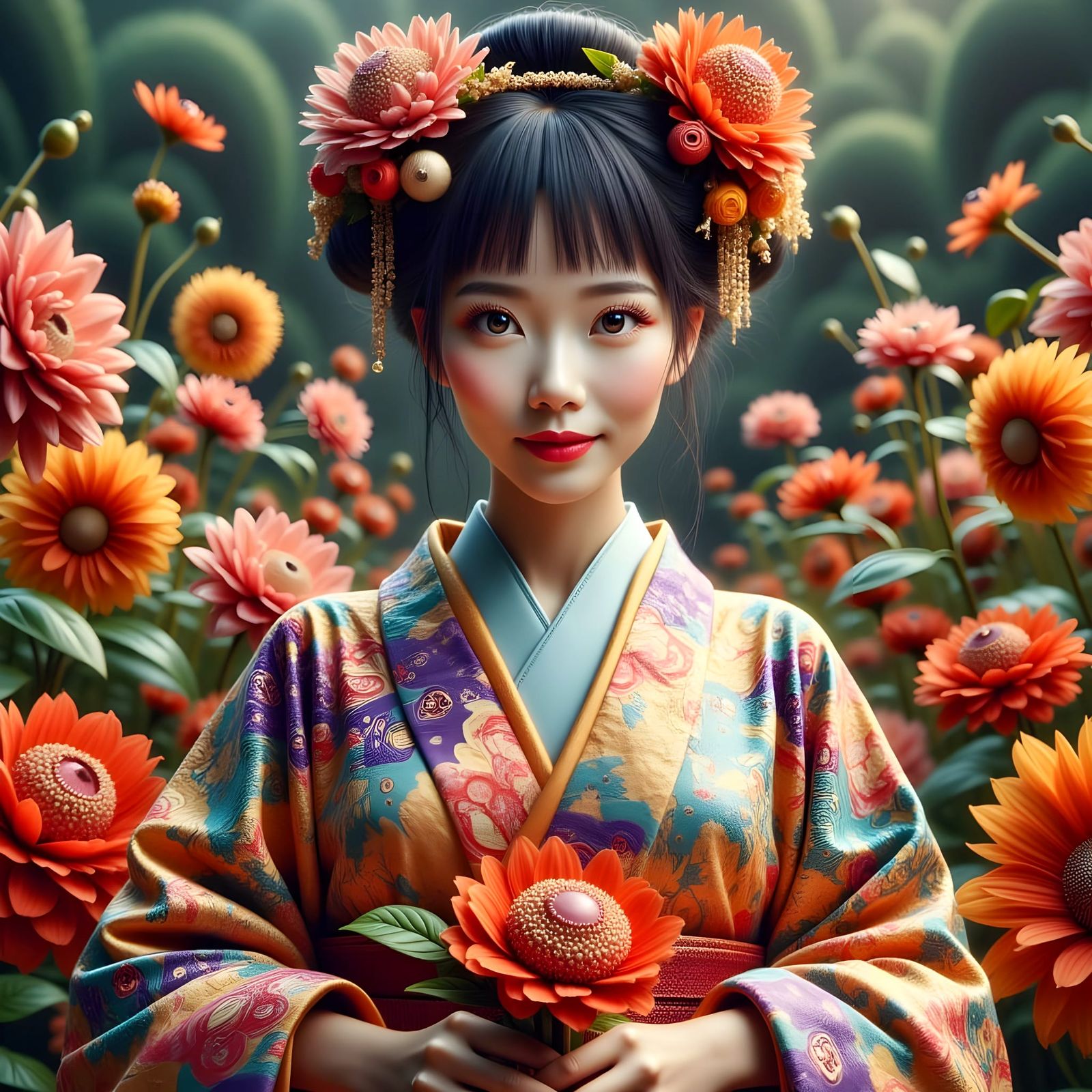Elegant Geisha in Vibrant Kimono Showcasing Intric... - AI Art